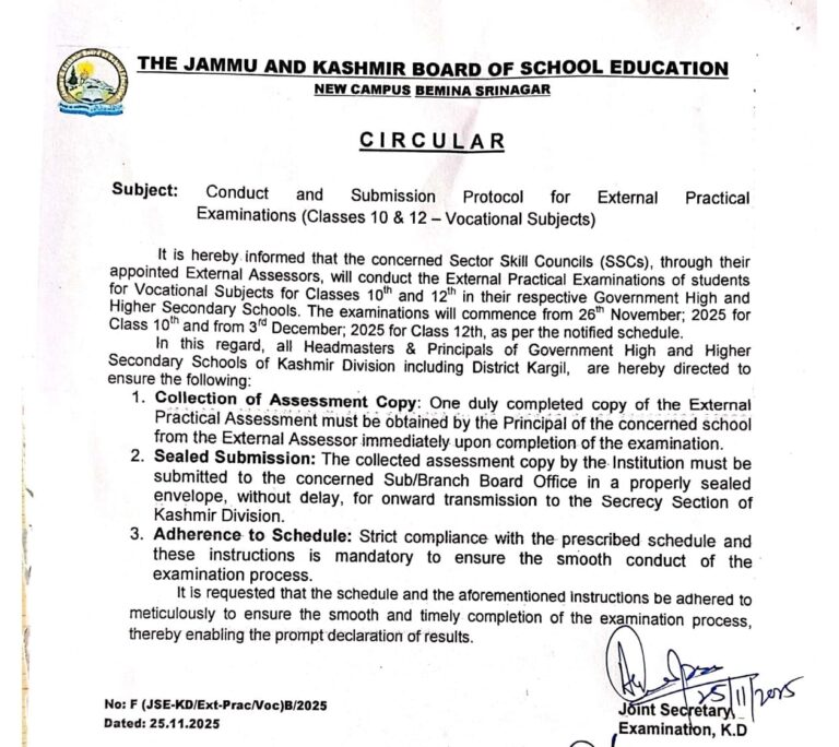 JKBOSE External Practical Exams 2025 > Guidelines for Class 10 & 12 Vocational Subjects ...
